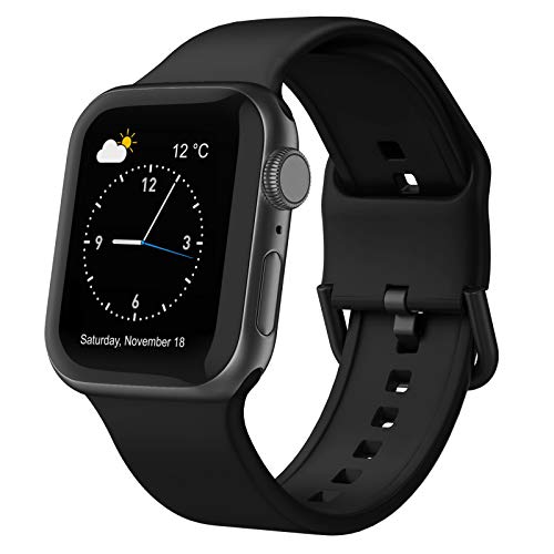 Sport Band Compatible with Apple Watch Bands 49mm 45mm 44mm 42mm, Soft Silicone Wristbands Replacement Strap with Classic Clasp for iWatch Series SE 8 7 6 5 4 3 2 1 Ultra for Women Men, Black