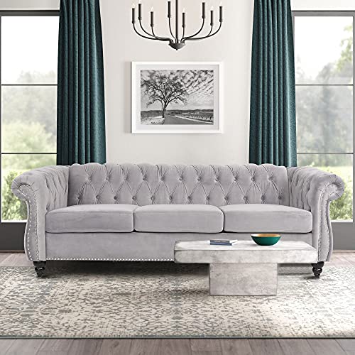 MIYZEAL Modern 3 Seater Couch Velvet, Upholstered Sofa with Tufted Back, Roll Arm Classic Chesterfield Settee Couches for Living Room, Office (Dark Gray)