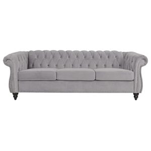 MIYZEAL Modern 3 Seater Couch Velvet, Upholstered Sofa with Tufted Back, Roll Arm Classic Chesterfield Settee Couches for Living Room, Office (Dark Gray)