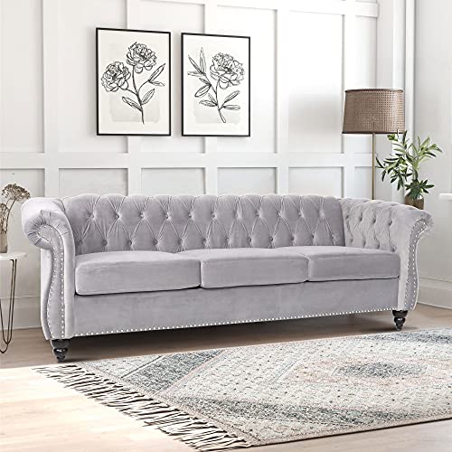 MIYZEAL Modern 3 Seater Couch Velvet, Upholstered Sofa with Tufted Back, Roll Arm Classic Chesterfield Settee Couches for Living Room, Office (Dark Gray)