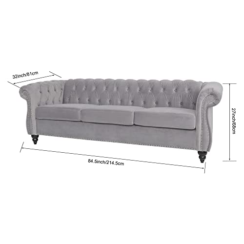 MIYZEAL Modern 3 Seater Couch Velvet, Upholstered Sofa with Tufted Back, Roll Arm Classic Chesterfield Settee Couches for Living Room, Office (Dark Gray)