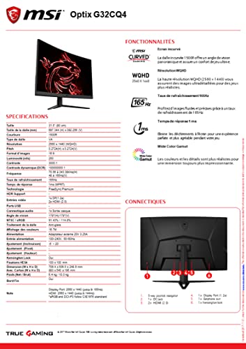 MSI G32CQ4, 32" Gaming Monitor, 2560 x 1440 (QHD), VA, 165Hz, FreeSync, HDMI, Displayport, Tilt