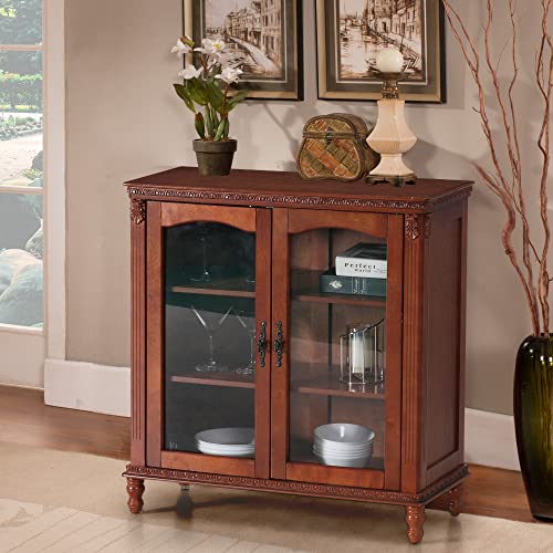 Sophia & William Sideboard Buffet Cabinet, Accent Wood Display Storage Cabinet with Glass Double Doors and Adjustable Shelves for Kitchen Living Dining Room Office, Embossed Frame