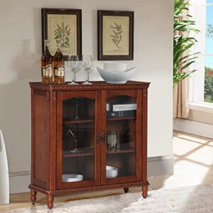 Sophia & William Sideboard Buffet Cabinet, Accent Wood Display Storage Cabinet with Glass Double Doors and Adjustable Shelves for Kitchen Living Dining Room Office, Embossed Frame