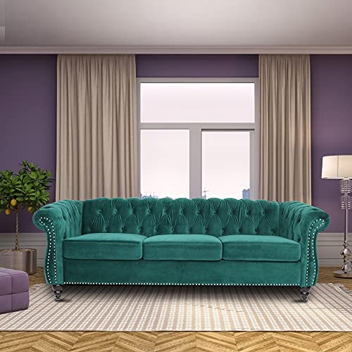 NOSGA Modern Contemporary Sofa Couch with Deep Button Tufting Dutch Velvet, Solid Wood Frame and Wood Legs (Green)