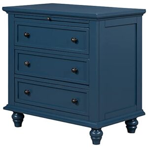 knocbel 3-drawer nightstand with pull-out tray, wooden bedside night stand sofa side end table with legs, 110lbs weight capacity, 28.1″ h x 28″ w x 16.9″ d (blue)