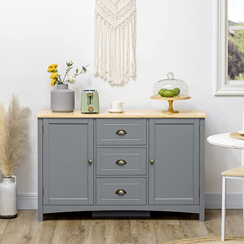 HOMCOM Buffet Cabinet with 3 Storage Drawers and Adjustable Shelves, 2 Door Sideboard with Rubber Wood Top, Coffee Bar for Living Room, Entryway, Grey