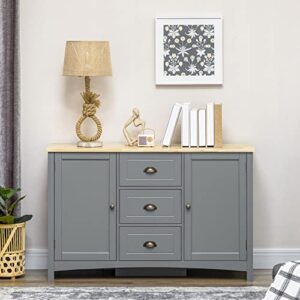 HOMCOM Buffet Cabinet with 3 Storage Drawers and Adjustable Shelves, 2 Door Sideboard with Rubber Wood Top, Coffee Bar for Living Room, Entryway, Grey