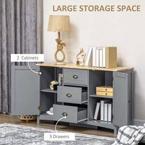 HOMCOM Buffet Cabinet with 3 Storage Drawers and Adjustable Shelves, 2 Door Sideboard with Rubber Wood Top, Coffee Bar for Living Room, Entryway, Grey