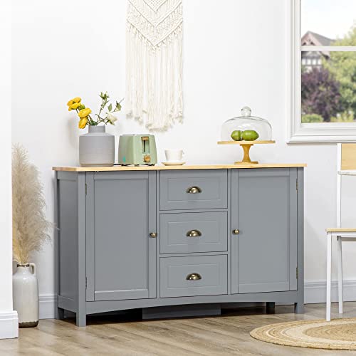 HOMCOM Buffet Cabinet with 3 Storage Drawers and Adjustable Shelves, 2 Door Sideboard with Rubber Wood Top, Coffee Bar for Living Room, Entryway, Grey