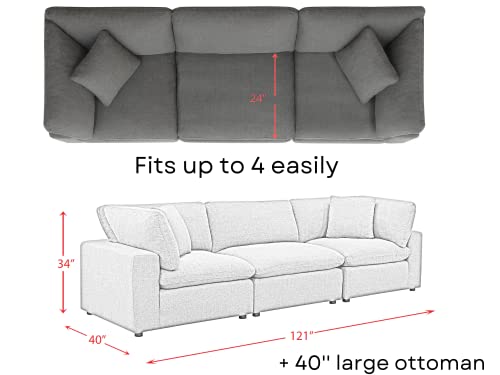 ASY Cloud Down Modular Sectional Sofa 121' L-Shaped Reversible Chaise Couch Feather - Low to Ground Modern Deep & Plush Seats (4-Piece (Corner Chair (2) + Armless (1) Ottoman (1), Natural), (CLD9)