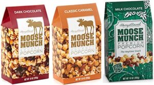 harry & david moose munch bundle – milk chocolate, dark chocolate, classic caramel – 10 oz each