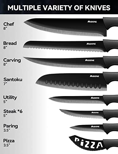 MIDONE Knife Set, 17 Pieces German Stainless Steel Kitchen Knife Set, Include Kitchen Accessories, Black