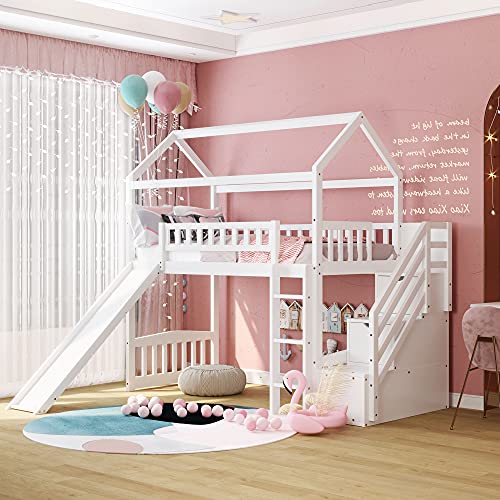 Harper & Bright Designs House Bed Loft Bed with Slide, Twin Loft Bed with Stairs and Storage, Wood Loft Bed Frame for Kids & Girls & Boys (White)