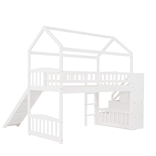 Harper & Bright Designs House Bed Loft Bed with Slide, Twin Loft Bed with Stairs and Storage, Wood Loft Bed Frame for Kids & Girls & Boys (White)