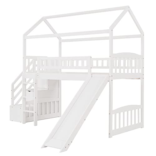 Harper & Bright Designs House Bed Loft Bed with Slide, Twin Loft Bed with Stairs and Storage, Wood Loft Bed Frame for Kids & Girls & Boys (White)