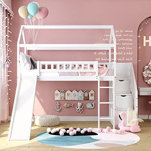 Harper & Bright Designs House Bed Loft Bed with Slide, Twin Loft Bed with Stairs and Storage, Wood Loft Bed Frame for Kids & Girls & Boys (White)