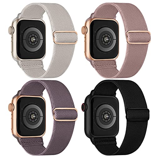 Stretchy Nylon Solo Loop Bands Compatible with Apple Watch 38mm 40mm 41mm, Adjustable Braided Sport Elastic Wristbands Women Men Straps for iWatch Series Ultra/8/7/6/5/4/3/2/1/SE, 4 Packs