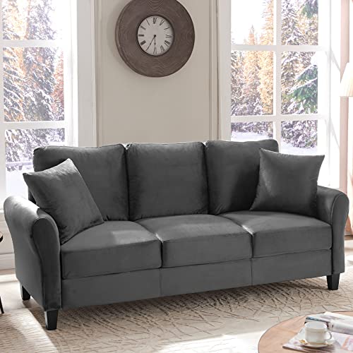 LUCKHAO Velvet Sofa Couch for Living Room,78” Upholstered 3-Seater Couch wiht Solid Wood Frame Legs,Modern Comfy Sofa with 2 Pillows for Living Room(Grey)