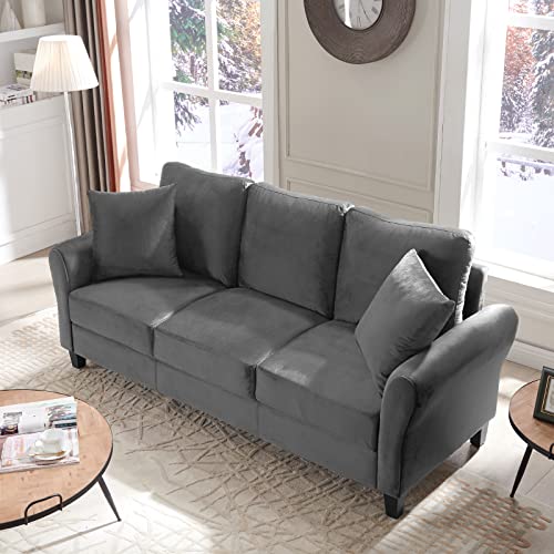 LUCKHAO Velvet Sofa Couch for Living Room,78” Upholstered 3-Seater Couch wiht Solid Wood Frame Legs,Modern Comfy Sofa with 2 Pillows for Living Room(Grey)