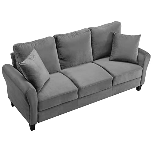 LUCKHAO Velvet Sofa Couch for Living Room,78” Upholstered 3-Seater Couch wiht Solid Wood Frame Legs,Modern Comfy Sofa with 2 Pillows for Living Room(Grey)