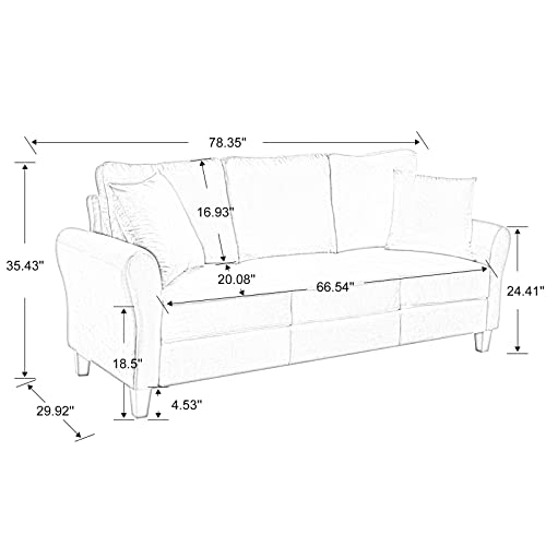 LUCKHAO Velvet Sofa Couch for Living Room,78” Upholstered 3-Seater Couch wiht Solid Wood Frame Legs,Modern Comfy Sofa with 2 Pillows for Living Room(Grey)