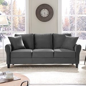 LUCKHAO Velvet Sofa Couch for Living Room,78” Upholstered 3-Seater Couch wiht Solid Wood Frame Legs,Modern Comfy Sofa with 2 Pillows for Living Room(Grey)