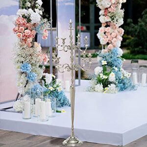 Whole House Worlds Hamptons Tall Nine Candle Silver Candelabra, Handcrafted of Silver Aluminum Nickel, 6 Feet Tall (71 Inches Tall -180 cm) for 9 Candles cm. Aluminium. Freestanding