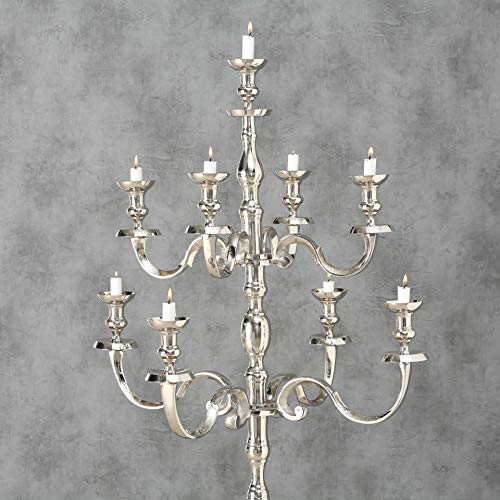 Whole House Worlds Hamptons Tall Nine Candle Silver Candelabra, Handcrafted of Silver Aluminum Nickel, 6 Feet Tall (71 Inches Tall -180 cm) for 9 Candles cm. Aluminium. Freestanding