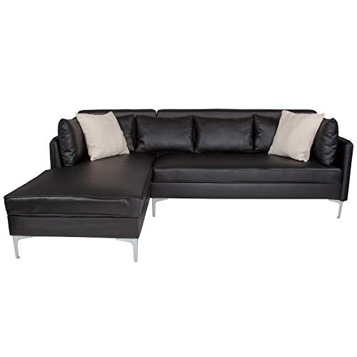 Flash Furniture Back Bay Upholstered Accent Pillow Back Sectional with Left Side Facing Chaise in Black LeatherSoft