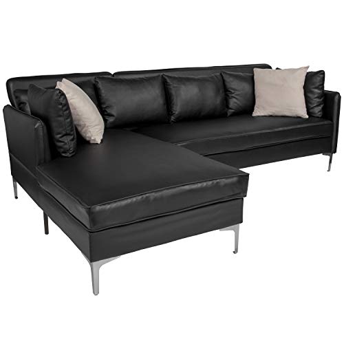 Flash Furniture Back Bay Upholstered Accent Pillow Back Sectional with Left Side Facing Chaise in Black LeatherSoft