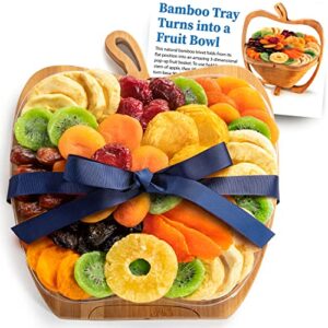 dried fruit favorites on apple shape bamboo tray, converts to bowl for birthday, thank you, corporate gifts by blue bow gourmet