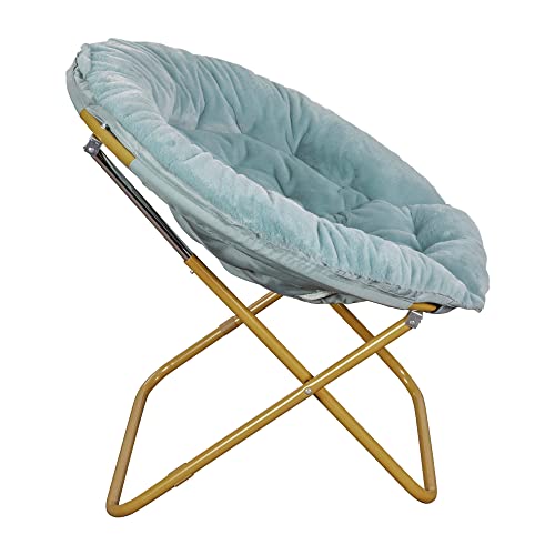 Flash Furniture Gwen 38" Oversize Portable Faux Fur Folding Saucer Moon Chair for Dorm and Bedroom, Set of 1, Dusty Aqua/Soft Gold