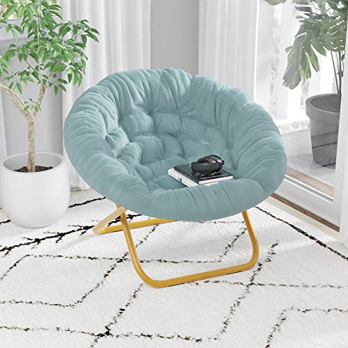 Flash Furniture Gwen 38" Oversize Portable Faux Fur Folding Saucer Moon Chair for Dorm and Bedroom, Set of 1, Dusty Aqua/Soft Gold