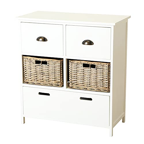 WHW Whole House Worlds Hamptons Decorative Accent Chest with 3 Baskets, Bin Pull Hardware, White, Brown Willow Wicker, Solid Wood, MDF, 13.75 L x 28.0 W x 30.25 H inches, 19.75 lbs