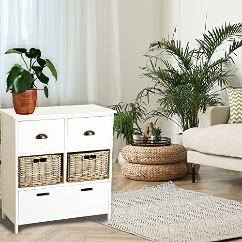 WHW Whole House Worlds Hamptons Decorative Accent Chest with 3 Baskets, Bin Pull Hardware, White, Brown Willow Wicker, Solid Wood, MDF, 13.75 L x 28.0 W x 30.25 H inches, 19.75 lbs