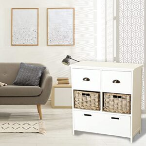 WHW Whole House Worlds Hamptons Decorative Accent Chest with 3 Baskets, Bin Pull Hardware, White, Brown Willow Wicker, Solid Wood, MDF, 13.75 L x 28.0 W x 30.25 H inches, 19.75 lbs