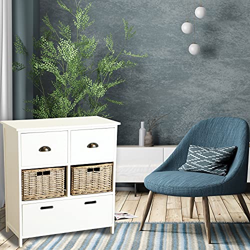 WHW Whole House Worlds Hamptons Decorative Accent Chest with 3 Baskets, Bin Pull Hardware, White, Brown Willow Wicker, Solid Wood, MDF, 13.75 L x 28.0 W x 30.25 H inches, 19.75 lbs