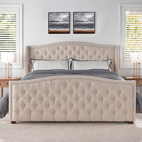 Jennifer Taylor Home Anastasia Upholstered Shelter Headboard Bed Set, King, Sky Neutral Beige Polyester