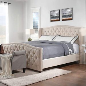 Jennifer Taylor Home Anastasia Upholstered Shelter Headboard Bed Set, King, Sky Neutral Beige Polyester