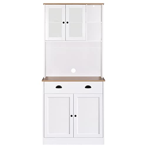 MUPATER Kitchen Pantry Storage Cabinet with Microwave Stand, 72'' Freestanding Hutch Cabinet with Buffet Cupboard, Drawer and Doors for Home, White