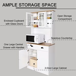 MUPATER Kitchen Pantry Storage Cabinet with Microwave Stand, 72'' Freestanding Hutch Cabinet with Buffet Cupboard, Drawer and Doors for Home, White