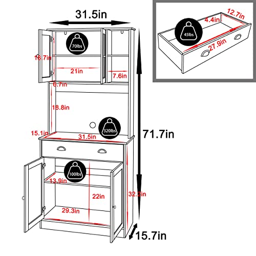 MUPATER Kitchen Pantry Storage Cabinet with Microwave Stand, 72'' Freestanding Hutch Cabinet with Buffet Cupboard, Drawer and Doors for Home, White