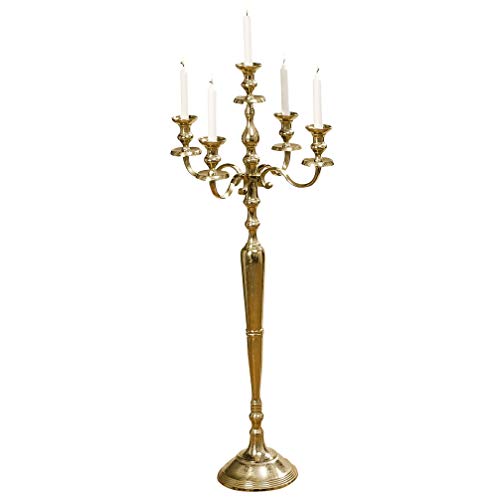 WHW Whole House Worlds Hamptons Tall Five Candle Golden Candelabra, Hand Crafted of Brilliant Gold Aluminum Nickel, 4 FT High (47.25 Inches)