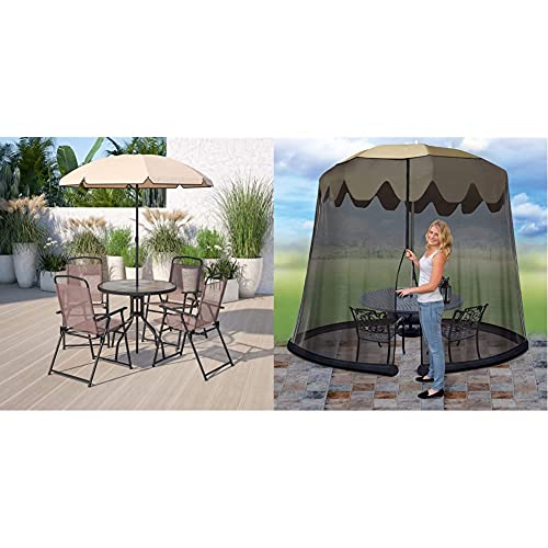 Flash Furniture Nantucket 6 Piece Brown Patio Garden Set with Umbrella Table and Set of 4 Folding Chairs & Ideaworks JB5678 Outdoor 9-Foot Umbrella Table Screen, Black