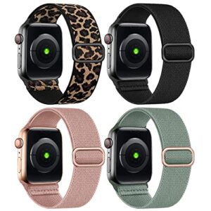 4 pack stretchy solo loop bands compatible for apple watch 38mm 40mm 41mm 42mm 44mm 45mm, adjustable nylon elastic braided women men straps for iwatch series 8/7/6/se/5/4 3/2/1(38mm,leopard)