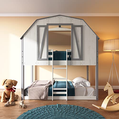 Child Craft Rustic Barn House Twin Over Twin Bunk Bed for Kids, Low Wooden Montessori Bunk Bed