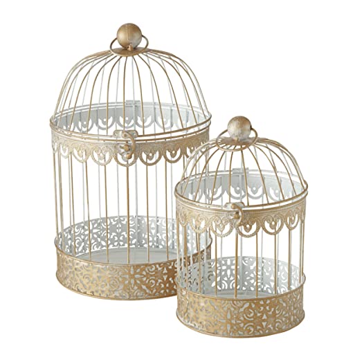 WHW Whole House Worlds Hamptons Romantic Gold Bird Cages, Set of 2, Decorative, Table Top Centerpieces, Latch Top, Metal, Handmade, 11.75 and 15.75 Inches