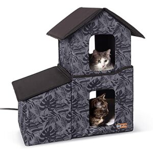 k&h pet products two-story outdoor kitty house with dining room heated gray leaf 22 x 27 x 27 inches