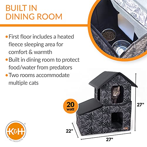 K&H PET PRODUCTS Two-Story Outdoor Kitty House with Dining Room Heated Gray Leaf 22 X 27 X 27 Inches